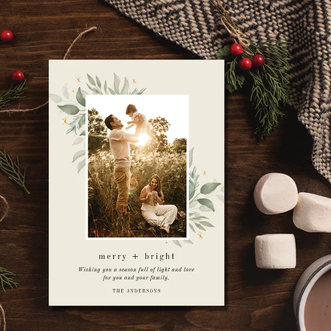 Winter Botanical Merry Bright Photo Christmas Holiday Card | Zazzle