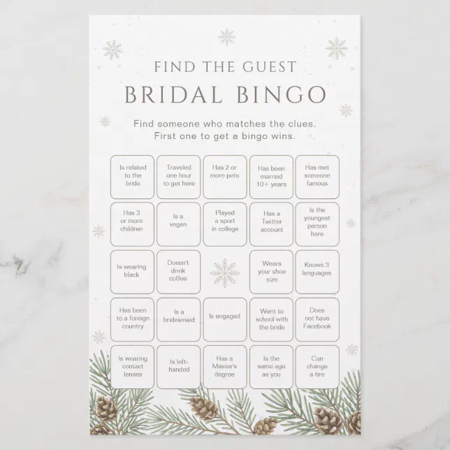 Winter Bridal Shower Bingo Game Find the Guest | Zazzle