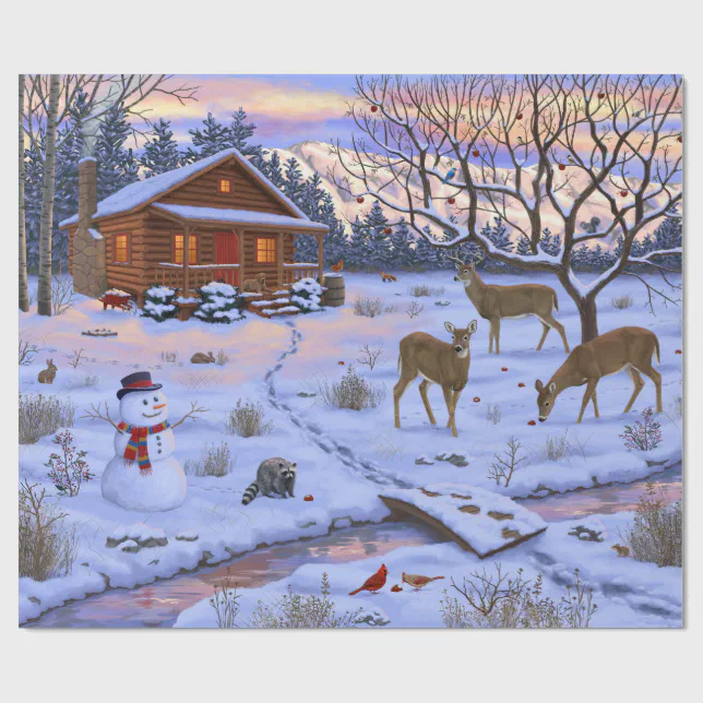 Winter Cabin Deer In Snow Christmas Scene Wrapping Paper | Zazzle