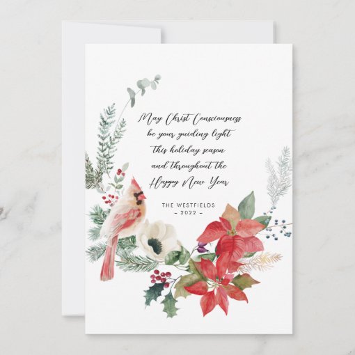 Winter Cardinal Red Poinsettias Greenery Wreath Holiday Card | Zazzle