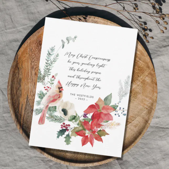 Winter Cardinal Red Poinsettias Greenery Wreath Holiday Card | Zazzle