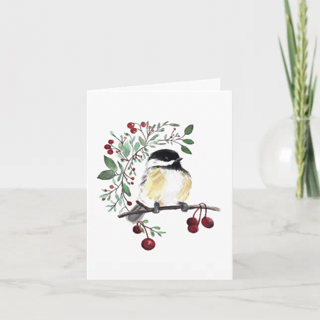 Winter Chickadee Bird Berries Holiday Card | Zazzle