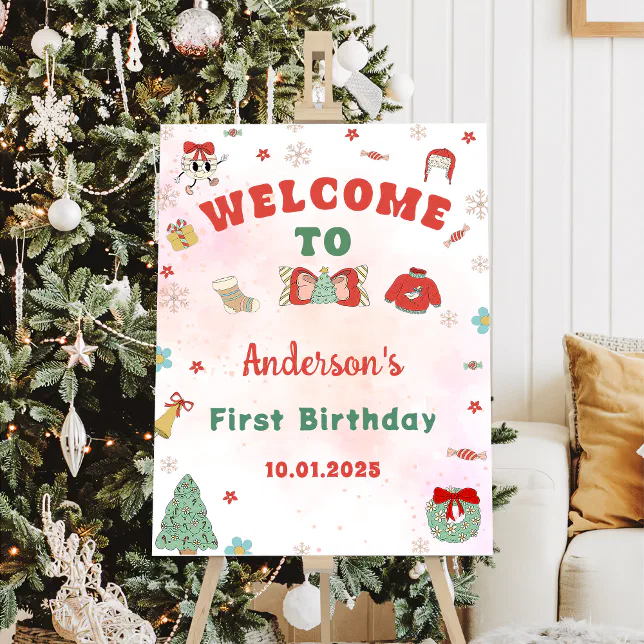Winter Christmas Birthday Party Welcome Sign | Zazzle