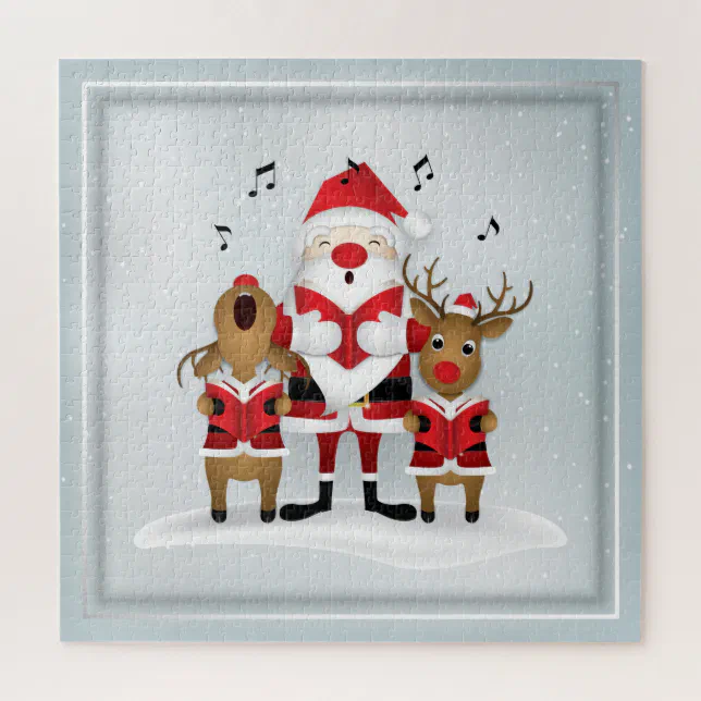 Winter Christmas Carolling Santa Reindeer Singing Jigsaw Puzzle | Zazzle