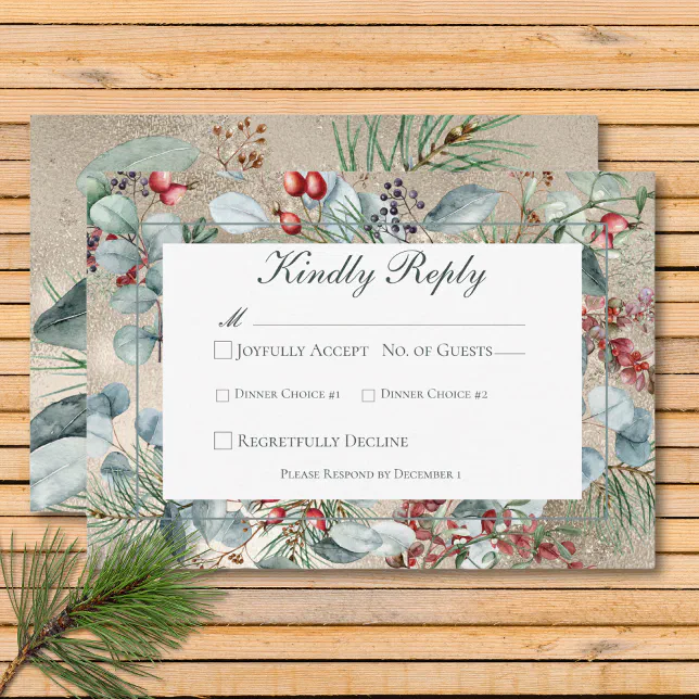 Winter Christmas Greenery Gold Wedding Two Dinner RSVP Card | Zazzle