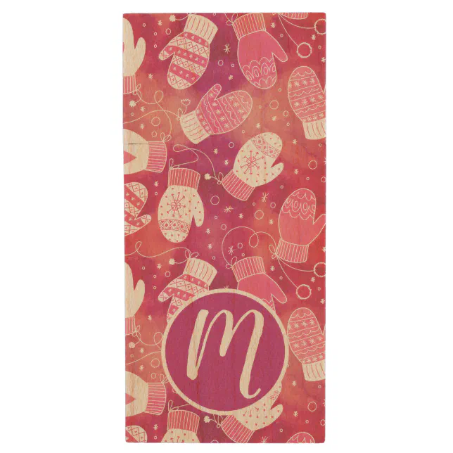 Winter Christmas Mittens Pattern in Pink Wood Flash Drive | Zazzle