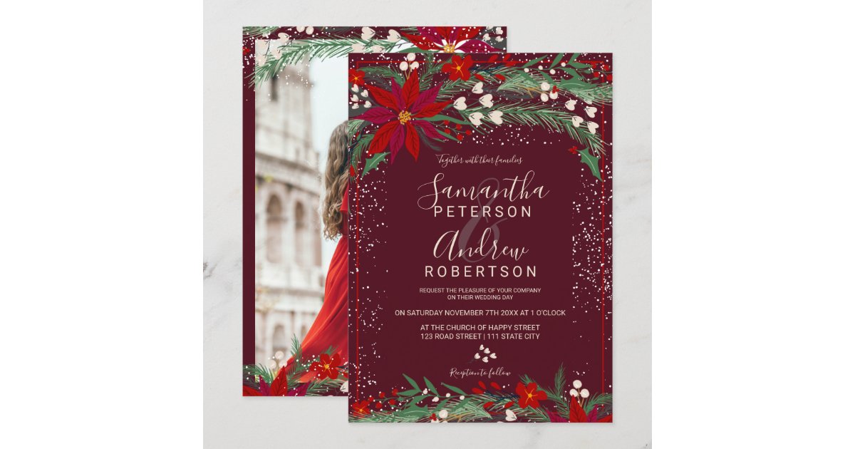 Winter Christmas red floral snow photo wedding Invitation | Zazzle