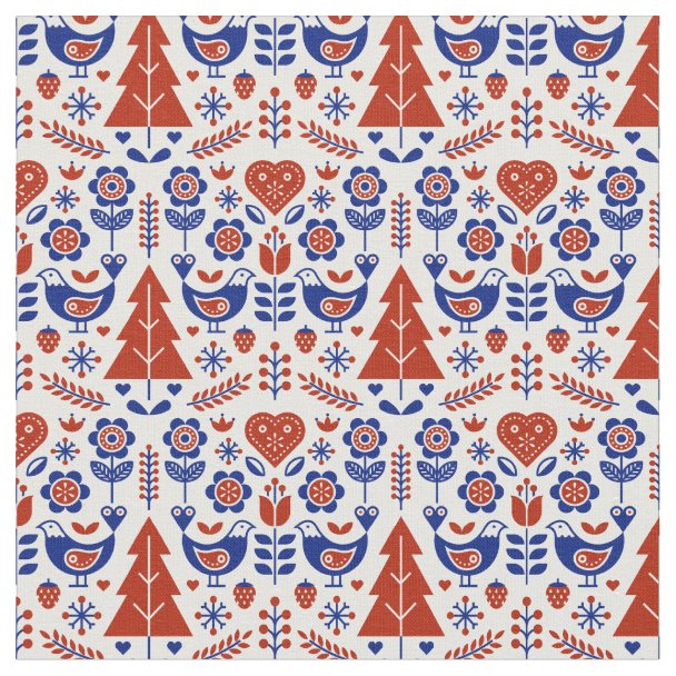 Scandinavian House Folk Art Pattern Fabric | Zazzle