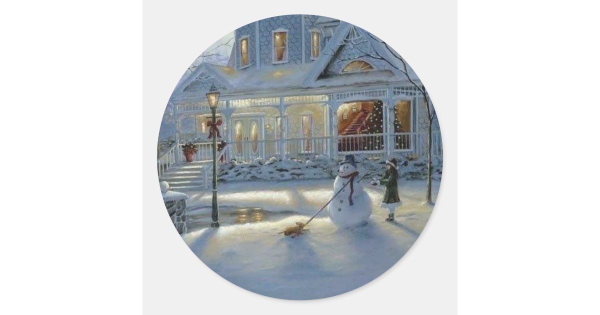 Winter Christmas Snow Scene Classic Round Sticker | Zazzle