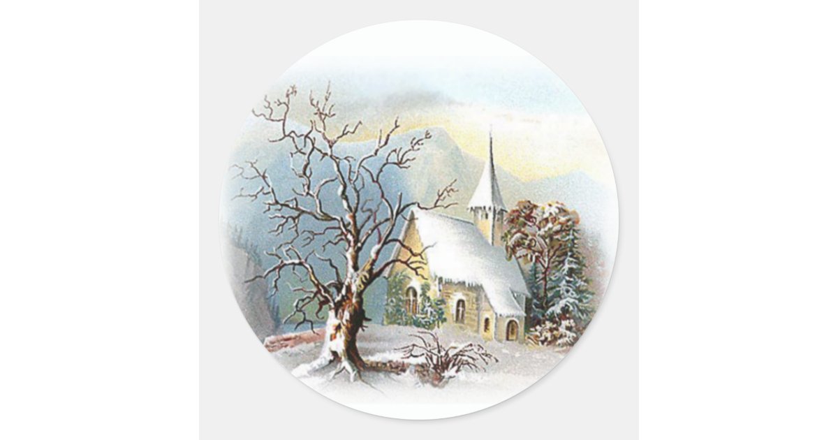 Winter Church Classic Round Sticker | Zazzle
