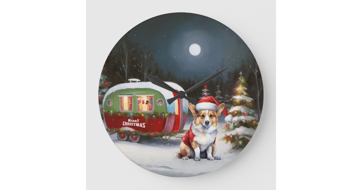 Winter Corgi Caravan Christmas Adventure Large Clock | Zazzle