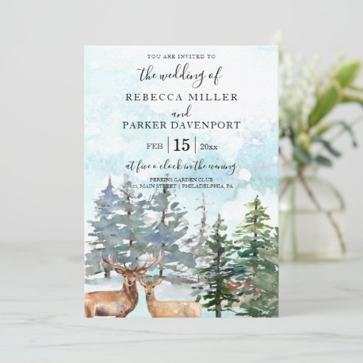 Winter deers in the forest snowy invitation | Zazzle