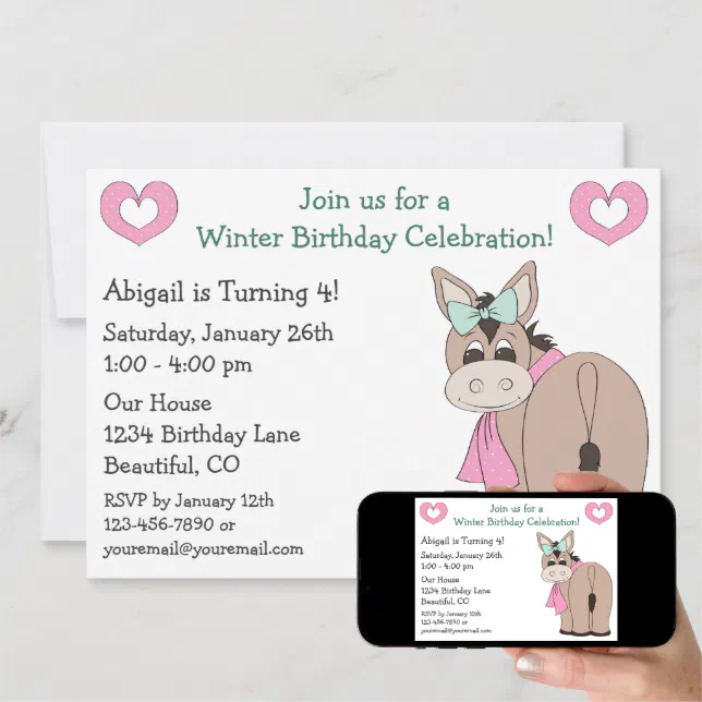 Winter Donkey Birthday Invitation for Girls | Zazzle
