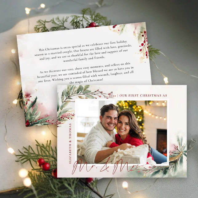 Winter Dream Greenery Photo First Christmas Mr Mrs Holiday Card | Zazzle