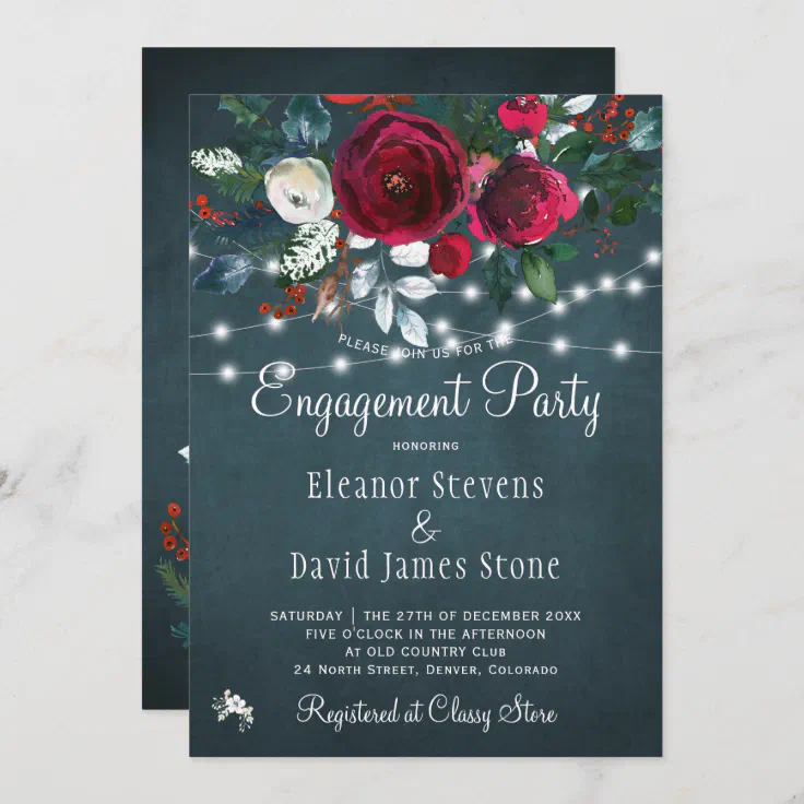 Winter elegant floral rustic engagement party invitation | Zazzle