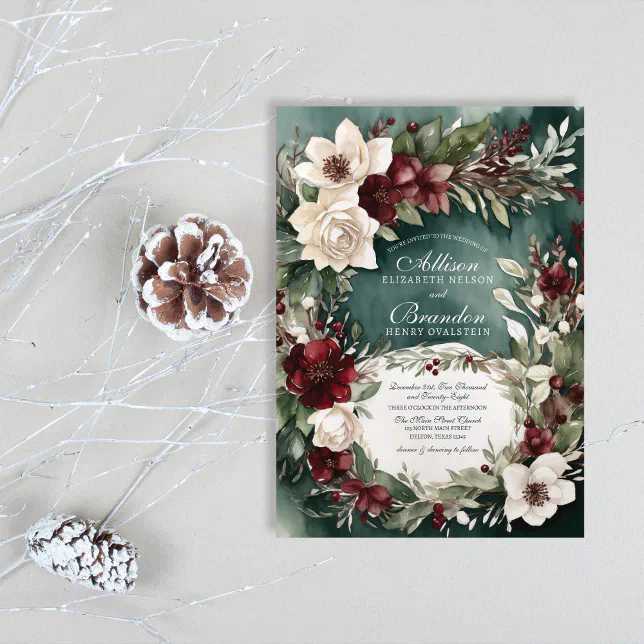 Winter Enchanting Watercolor Floral Wedding Invitation | Zazzle