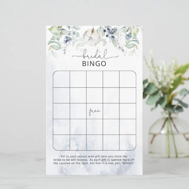 Winter eucalyptus bridal shower bingo game | Zazzle