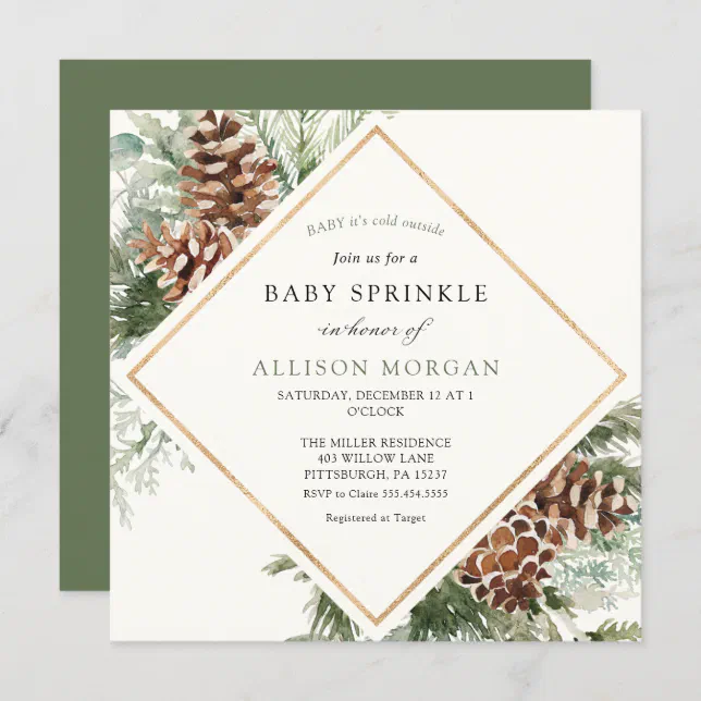 Winter Evergreen and Pine Baby Sprinkle Invitation | Zazzle