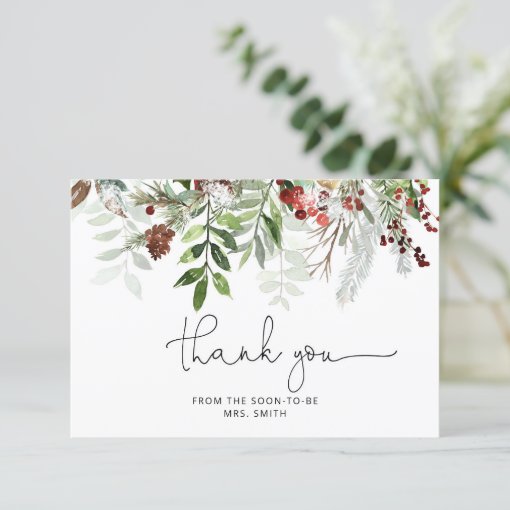 Winter evergreen bridal shower thank you card | Zazzle