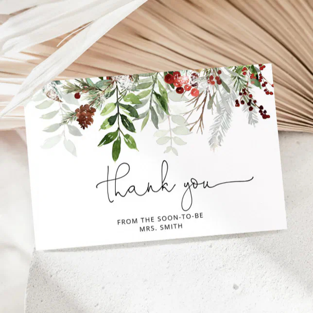 Winter evergreen bridal shower thank you card | Zazzle