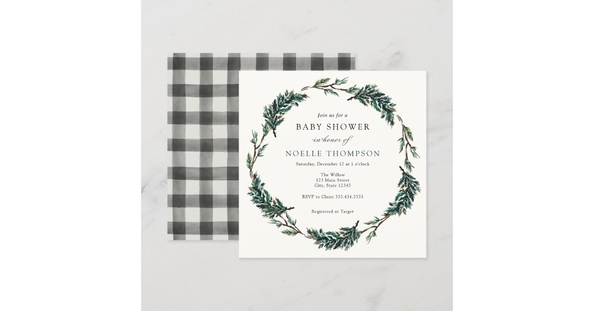 Winter Evergreen Buffalo Plaid Invitation | Zazzle