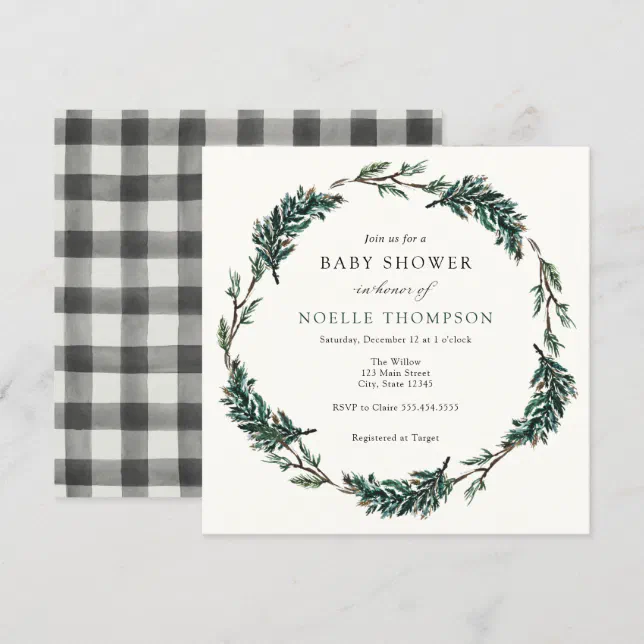 Winter Evergreen Buffalo Plaid Invitation | Zazzle