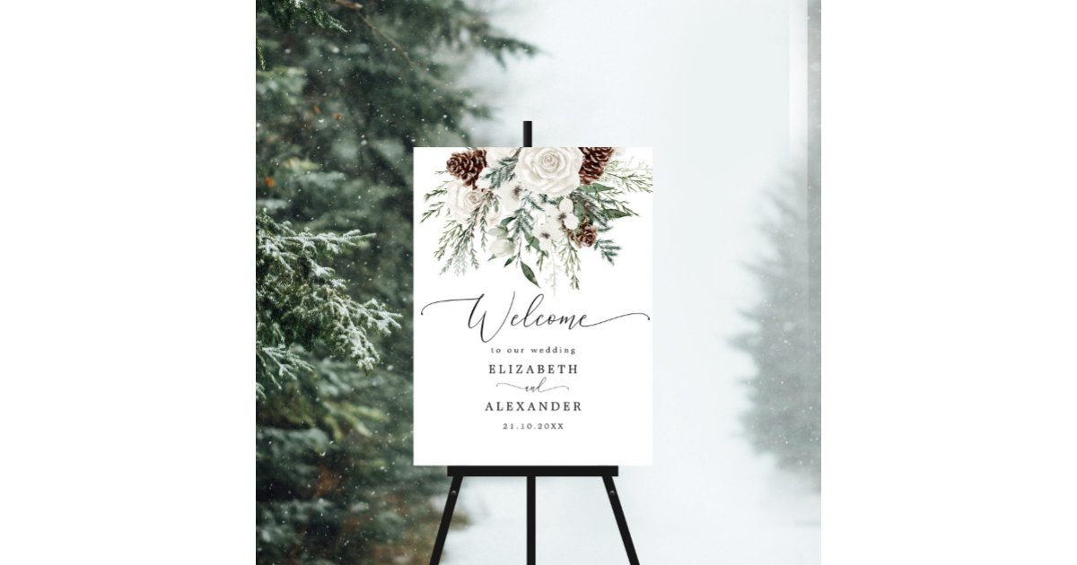 Winter evergreen elegant wedding welcome foam board | Zazzle