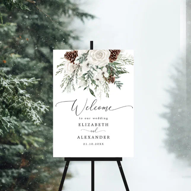 Winter evergreen elegant wedding welcome foam board | Zazzle