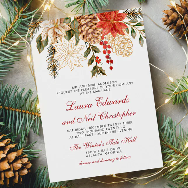 Winter Evergreen Flowers Wedding Invitation | Zazzle