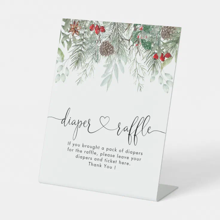 Winter Evergreen Pine Baby Shower Diaper Raffle Pedestal Sign | Zazzle