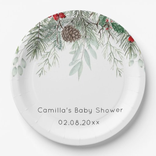 Winter Evergreen Pine Baby Shower Paper Plates | Zazzle