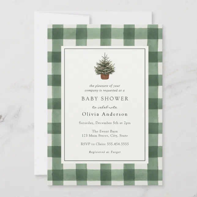 Winter Evergreen Tree Green Plaid Baby Shower Invitation | Zazzle