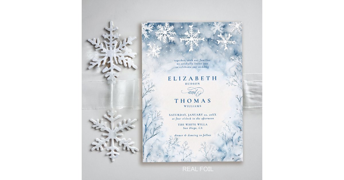 Winter Falling Snow Forest Rustic Elegant Wedding Foil Invitation | Zazzle