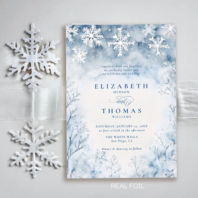 Winter Falling Snow Forest Rustic Elegant Wedding Foil Invitation | Zazzle