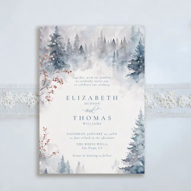 Winter Falling Snow Mountain Trees Elegant Wedding Invitation | Zazzle