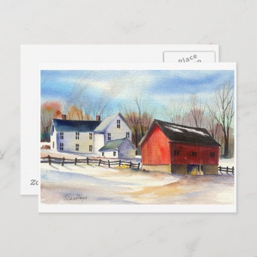 Winter Farmhouse & Red Barn Postcard | Zazzle