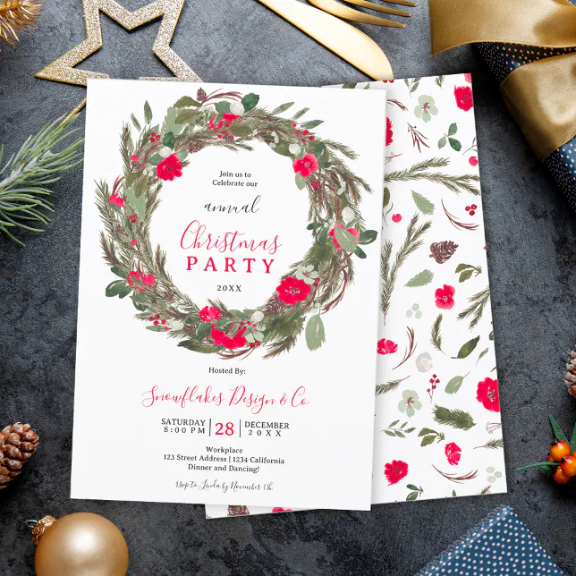 Winter festive wreath Christmas corporate party Invitation | Zazzle