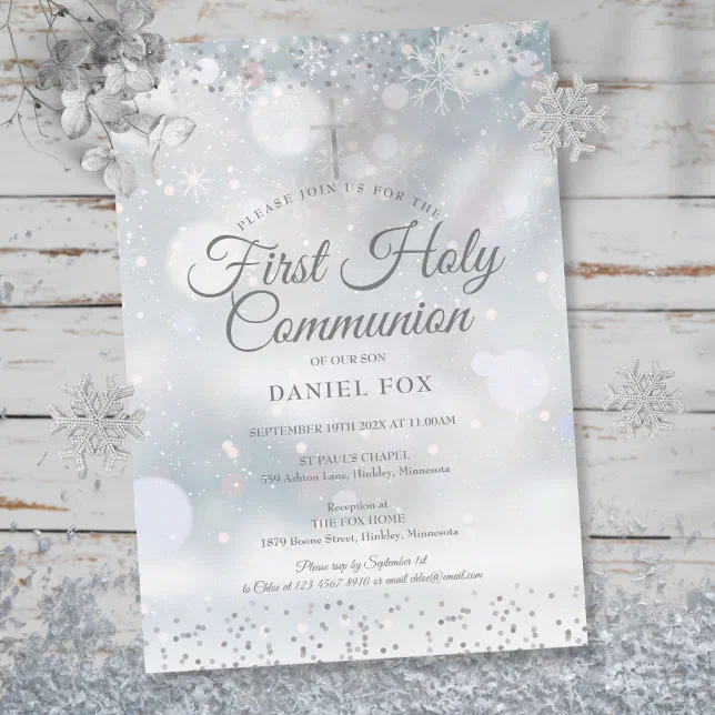 Winter First Holy Communion Silver Confetti Invitation | Zazzle