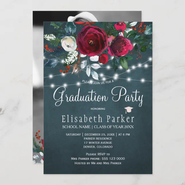 Winter floral chic burgundy PHOTO graduation party Invitation | Zazzle