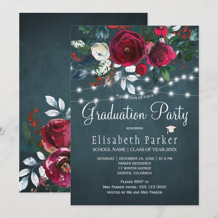 Winter floral elegant burgundy graduation party invitation | Zazzle