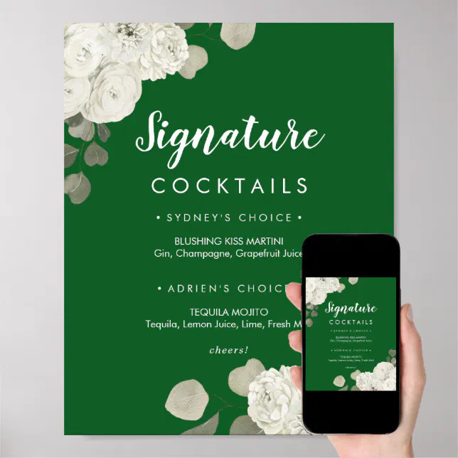 Winter Floral|Green Signature Cocktails Sign | Zazzle