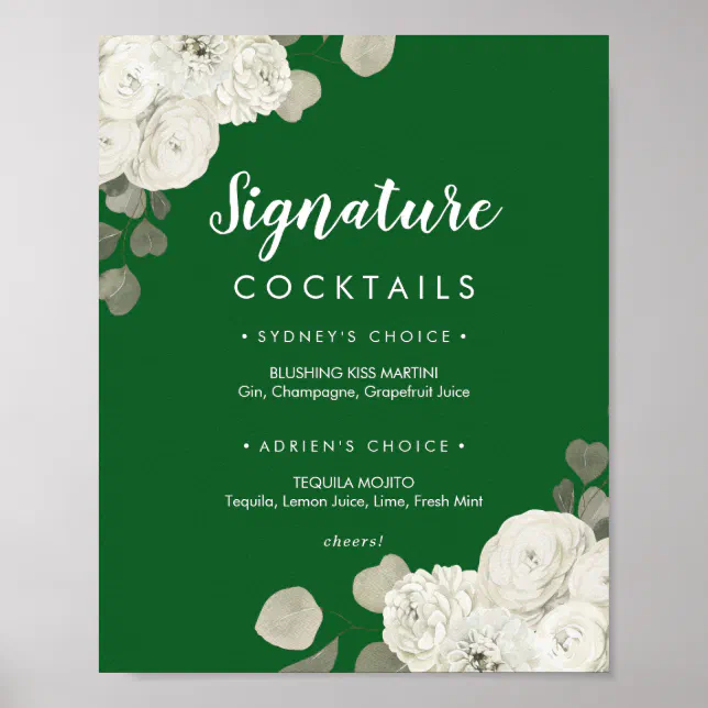 Winter Floral|Green Signature Cocktails Sign | Zazzle
