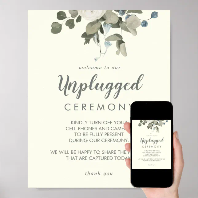 Winter Floral | Ivory Wedding Unplugged Ceremony Poster | Zazzle