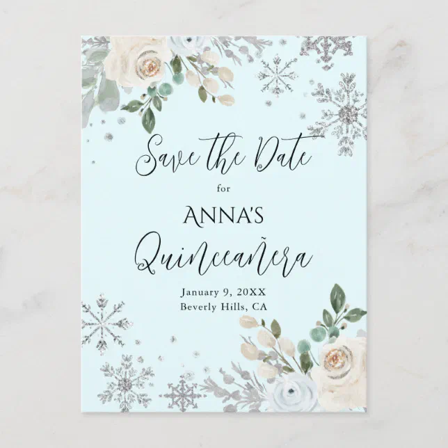 Winter Floral Light Blue Quinceanera Save The Date Postcard | Zazzle