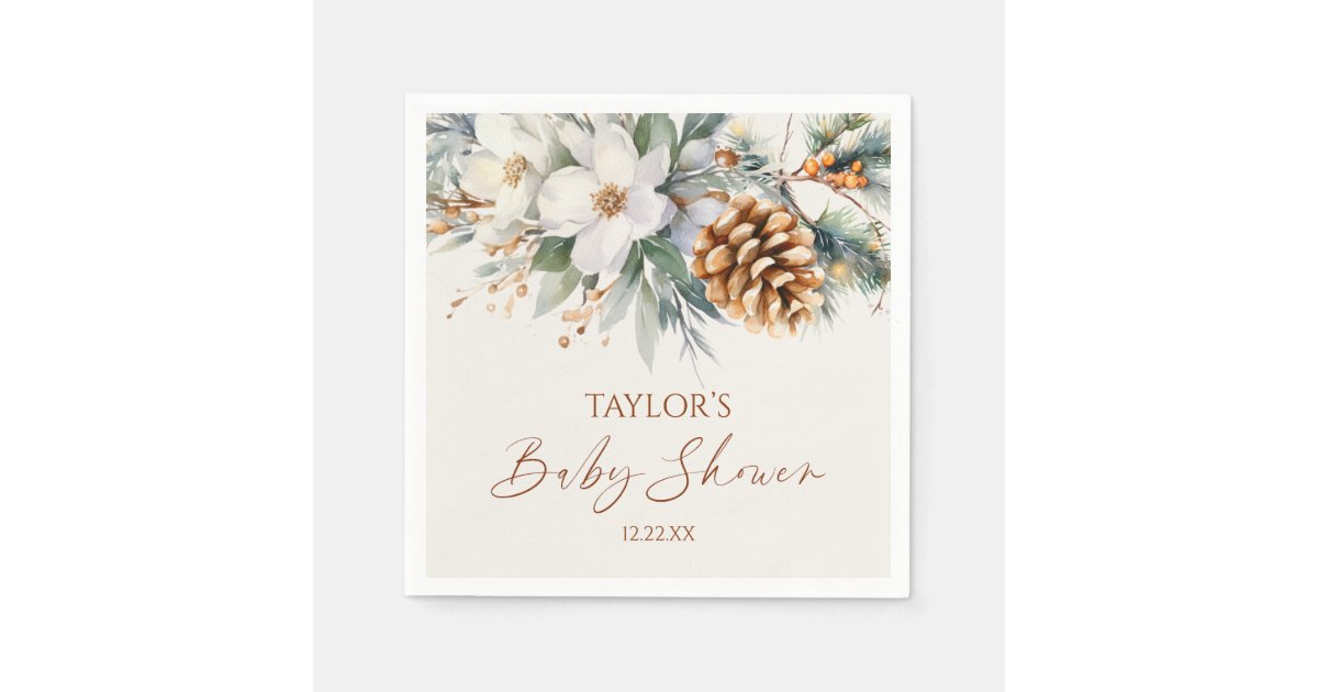 Winter Floral Pine Tree Baby Shower Napkins | Zazzle
