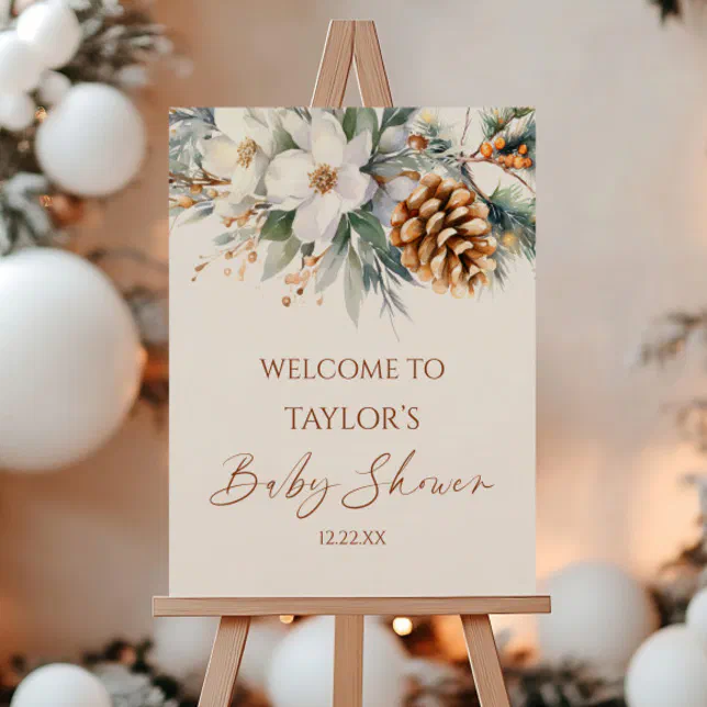 Winter Floral Pine Tree Baby Shower Welcome Sign | Zazzle