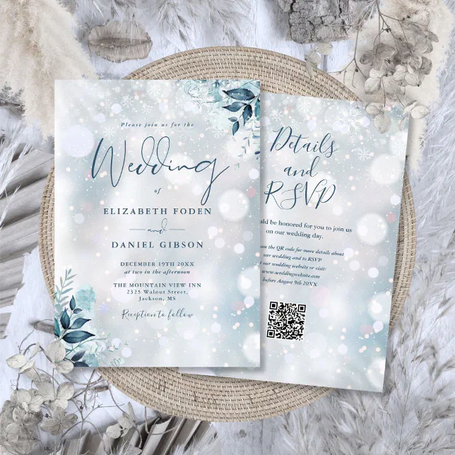 Winter Floral Snowflakes QR Code Wedding Invitation | Zazzle