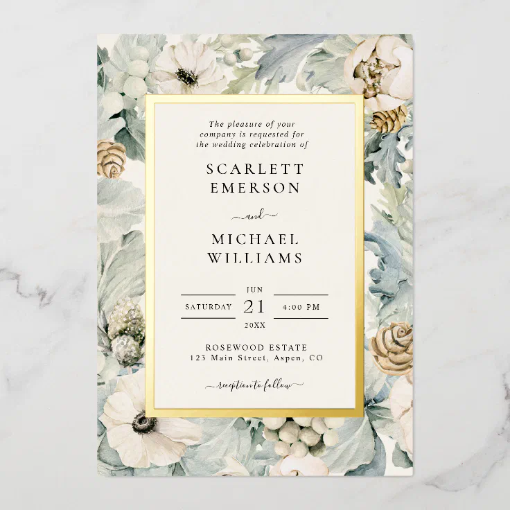Winter Floral Wedding Foil Invitation | Zazzle