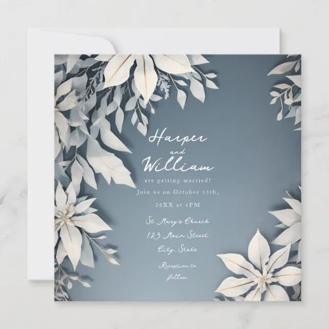 Winter foliage white and blue wedding invitation | Zazzle