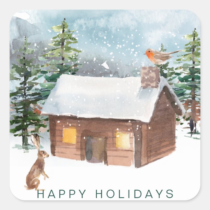 Winter forest, log cabin, robin, hare square sticker | Zazzle.com